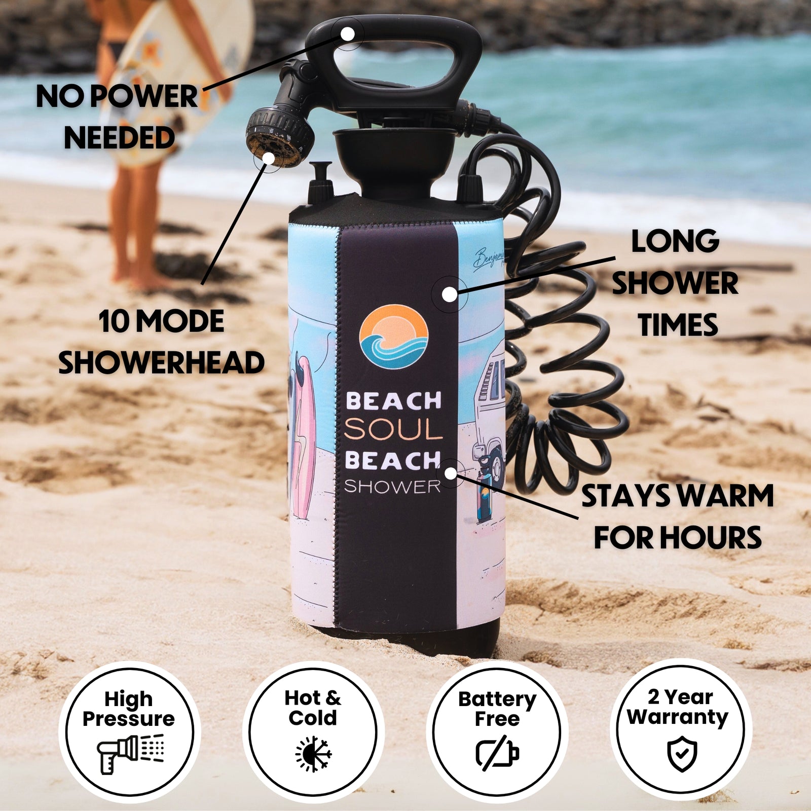 Portable Shower Stoked 8L – Pressurised & Surf-Inspired | Beach Soul